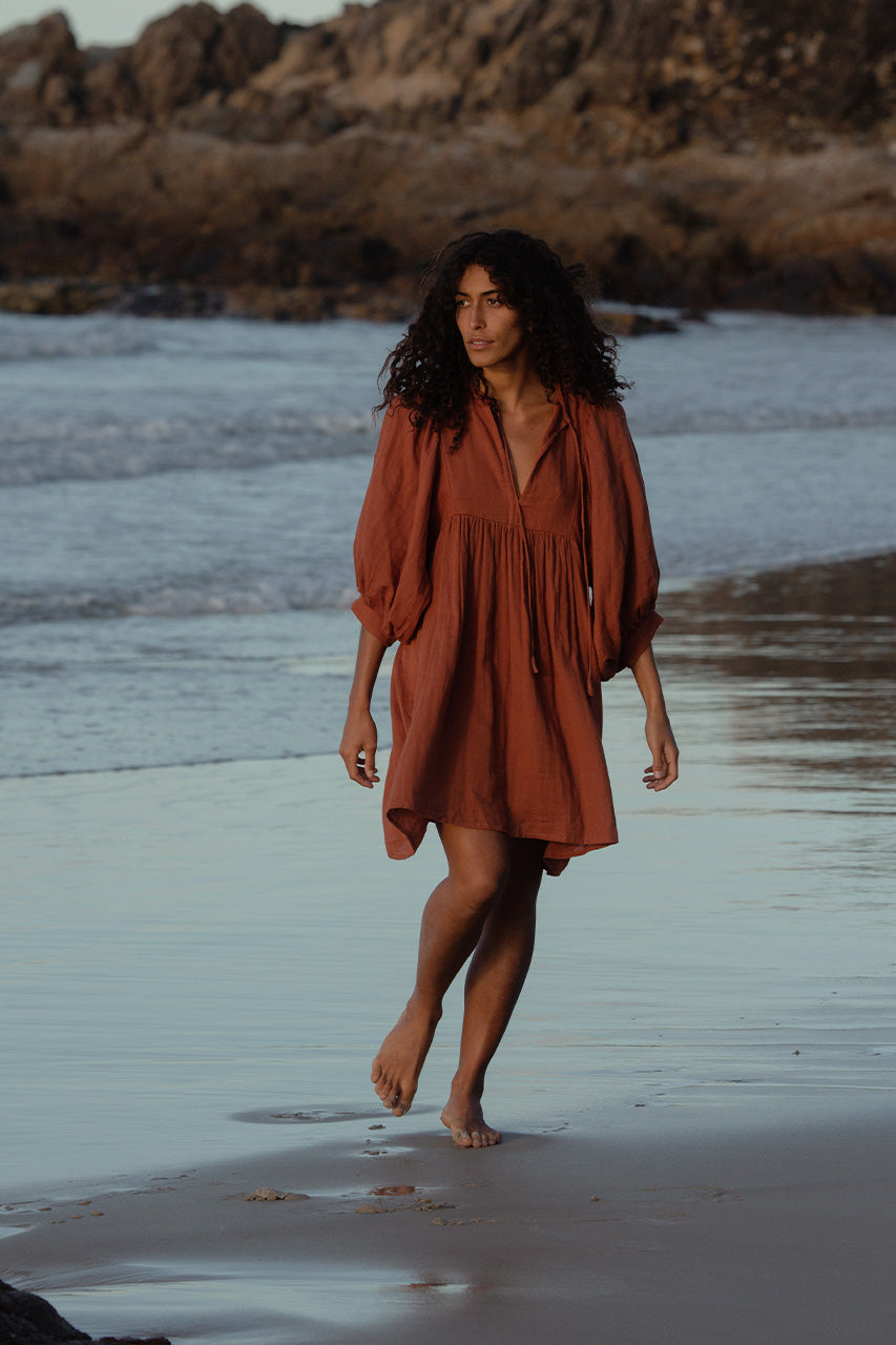 Kyra Mini Dress ~ Rust Gauze – Daughters of India